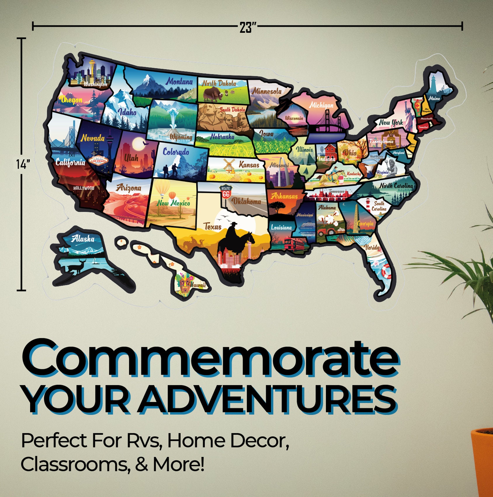 Rv State Sticker Travel Map – 23×14 Inch Large Visited USA States Map ...